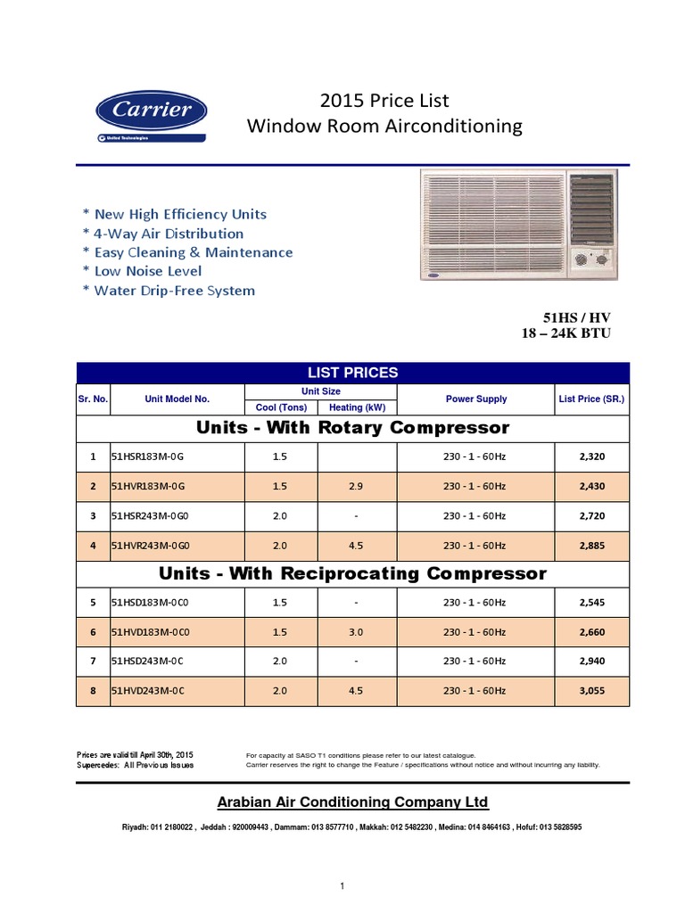 Carrier AC Price List 2015 KSA | PDF | Air Conditioning | Temperature