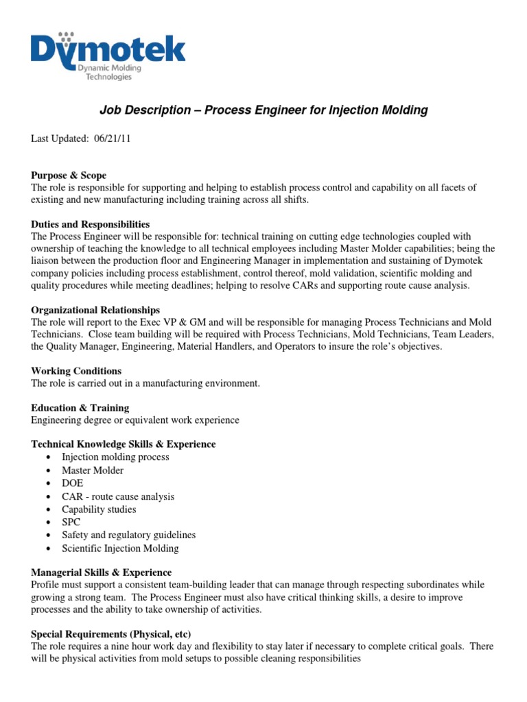 Job Description - Process Engineer For Injection Molding: Purpose & Scope | PDF