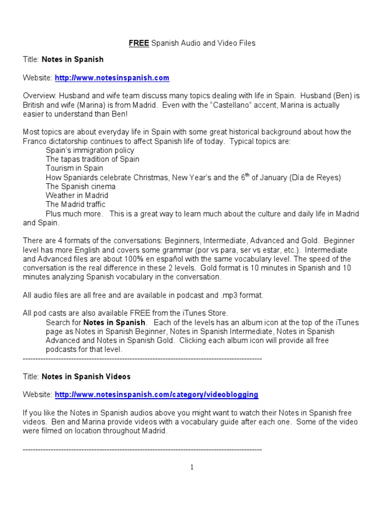 List of FREE Spanish Audio and Video Files | PDF | Podcast | I Tunes