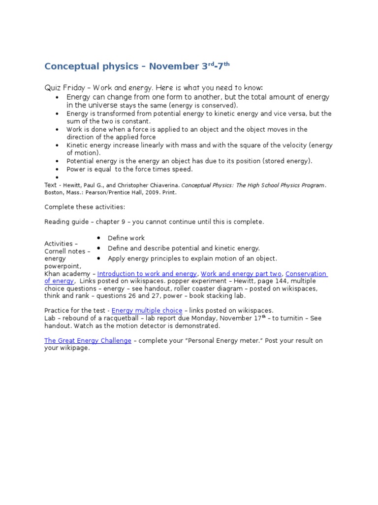 Conceptual Physics Nov 3-7 | PDF | Kinetic Energy | Potential Energy