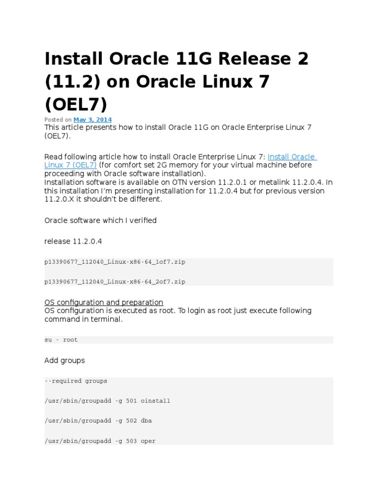 Install Oracle 11G Release 2 (11.2) On Oracle Linux 7 (OEL7) | PDF | Oracle Database ...