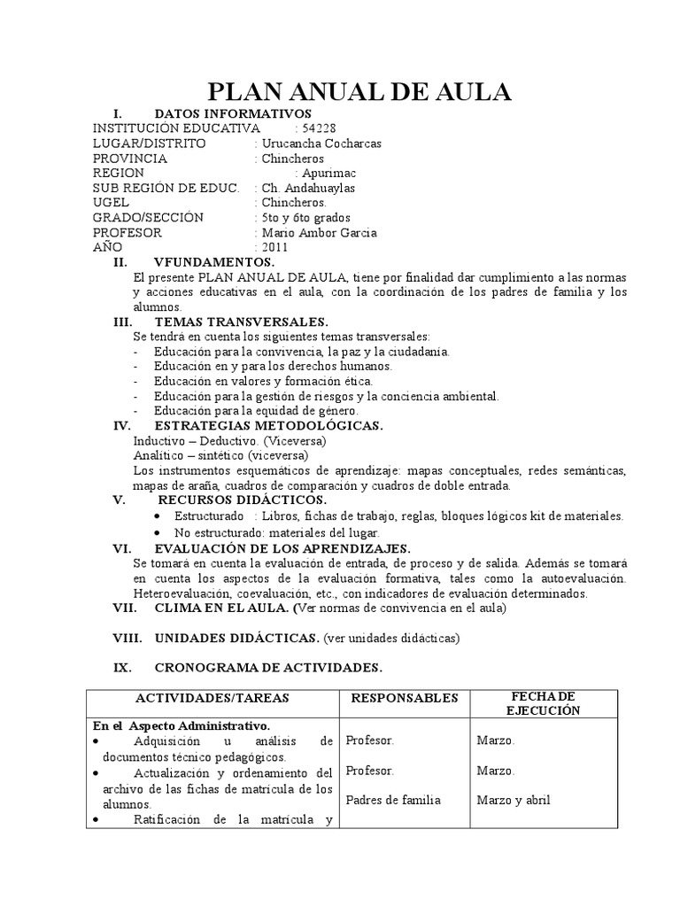 Plan Anual de Aula | Maestros | Evaluación