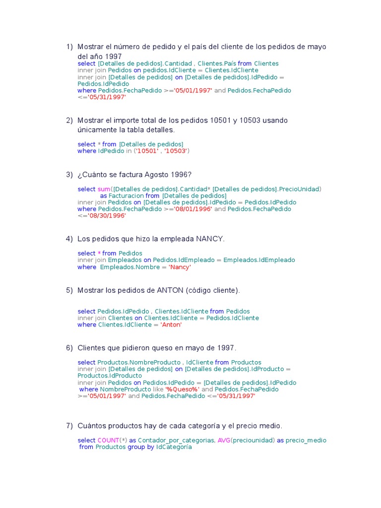 Ejercicios Consultas SQL Neptuno - Resuelto | PDF | SQL | Software de ...