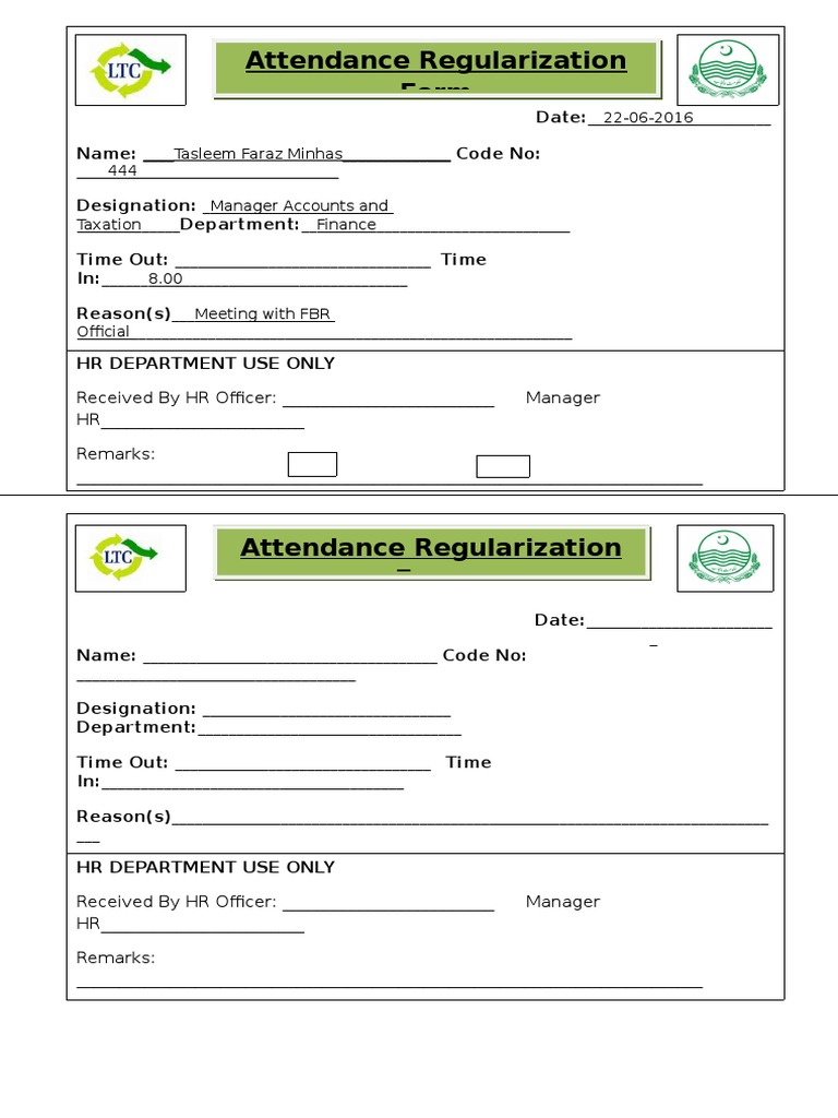 Attendance Regularization Form | PDF
