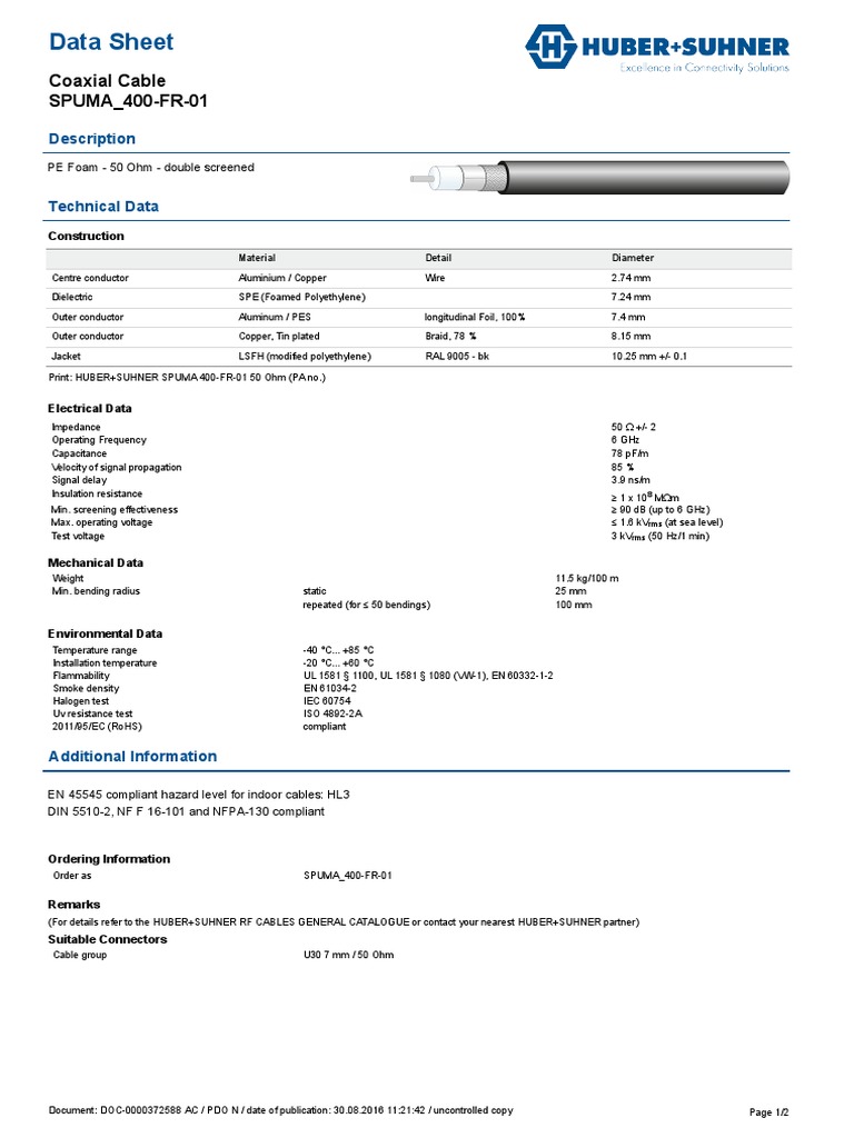 HUBER+SUHNER SPUMA 400-FR-01 Datasheet | PDF | Science & Mathematics