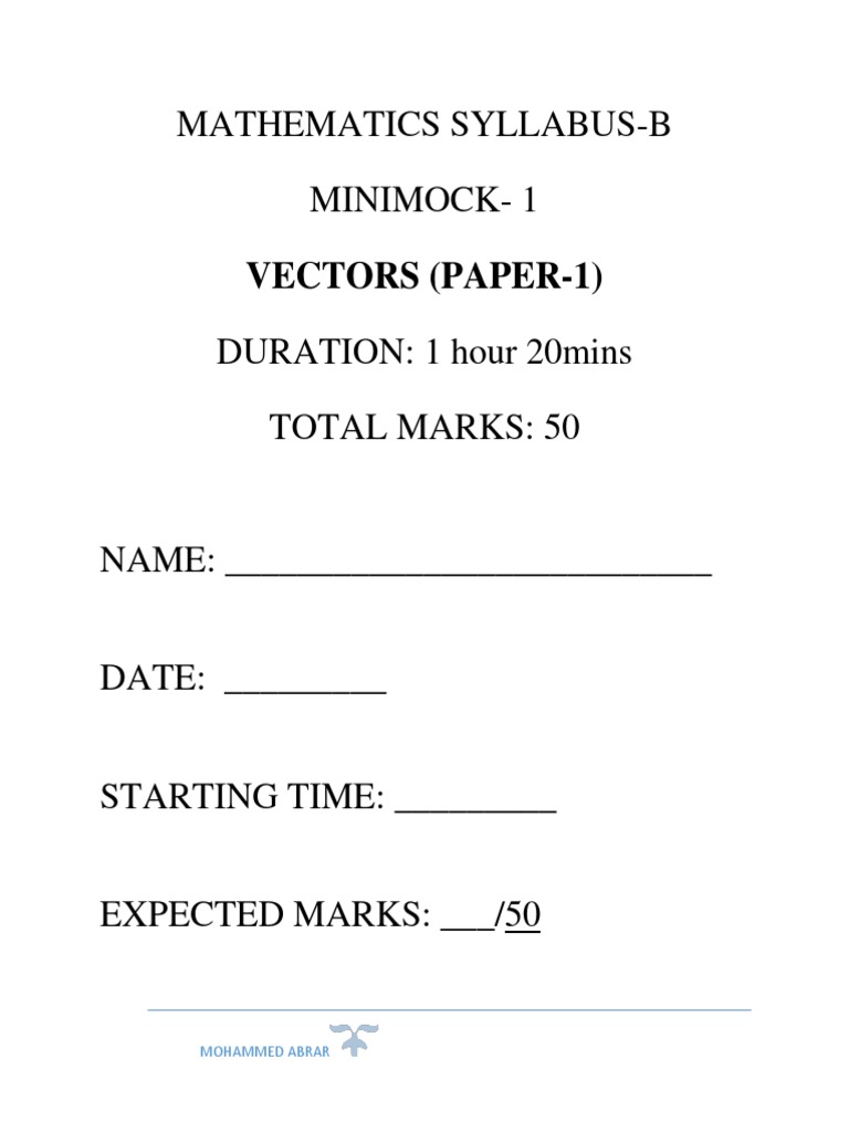 Mathematics Syllabus-B Minimock-1: Vectors (Paper-1) | PDF
