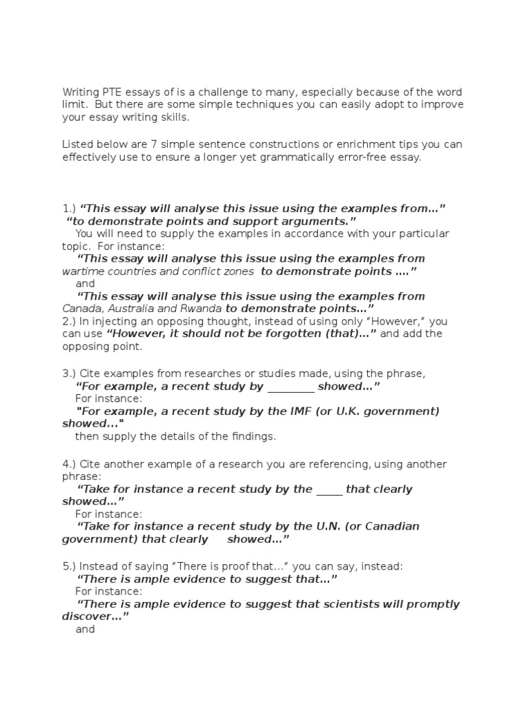 7 Sentences - PTE ESSAYS | Essays | Phrase