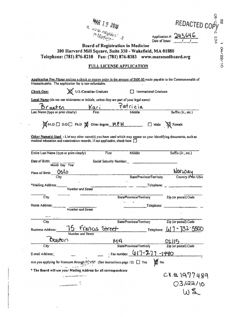 Kari Braaten, M.D. Massachusetts License Applications | PDF
