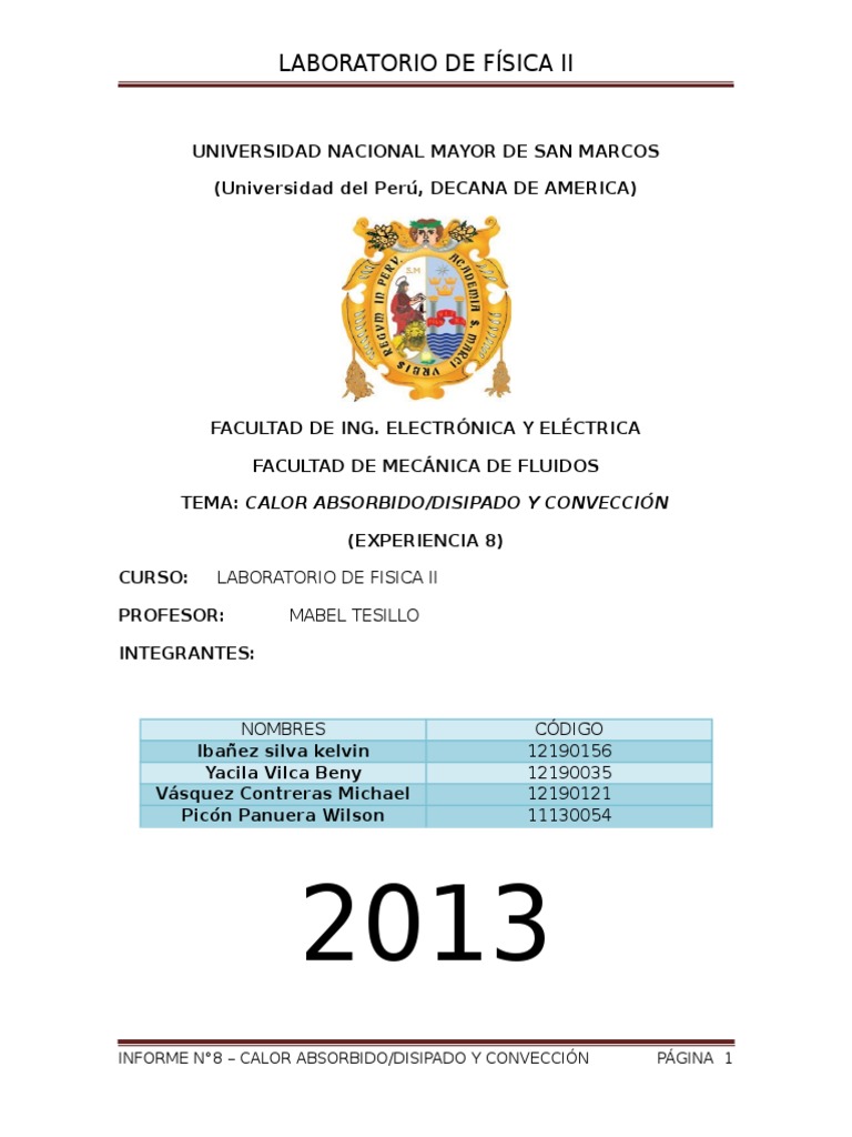 Informe Calor Absorbido Disipado Disipado y Conveccion UNMSM | PDF ...