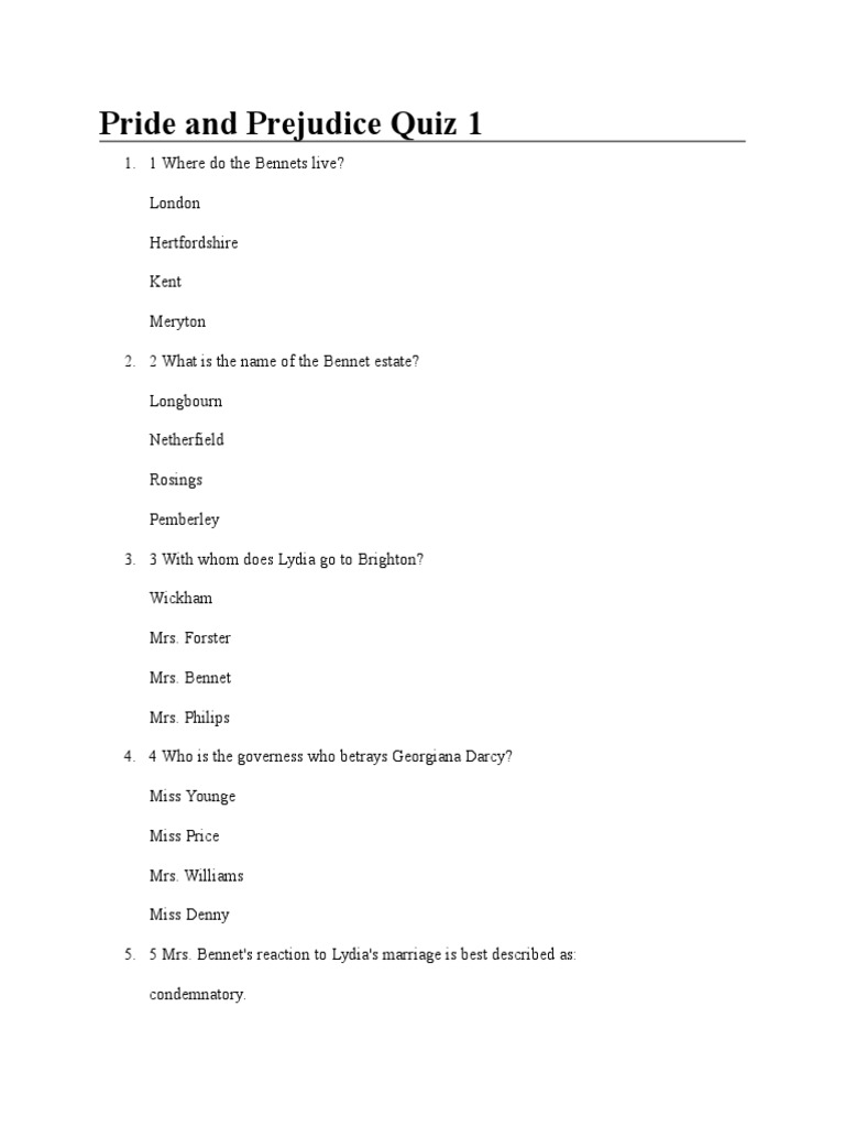 Pride and Prejudice Quiz 1 | PDF | Pride And Prejudice | Fictional Nobility