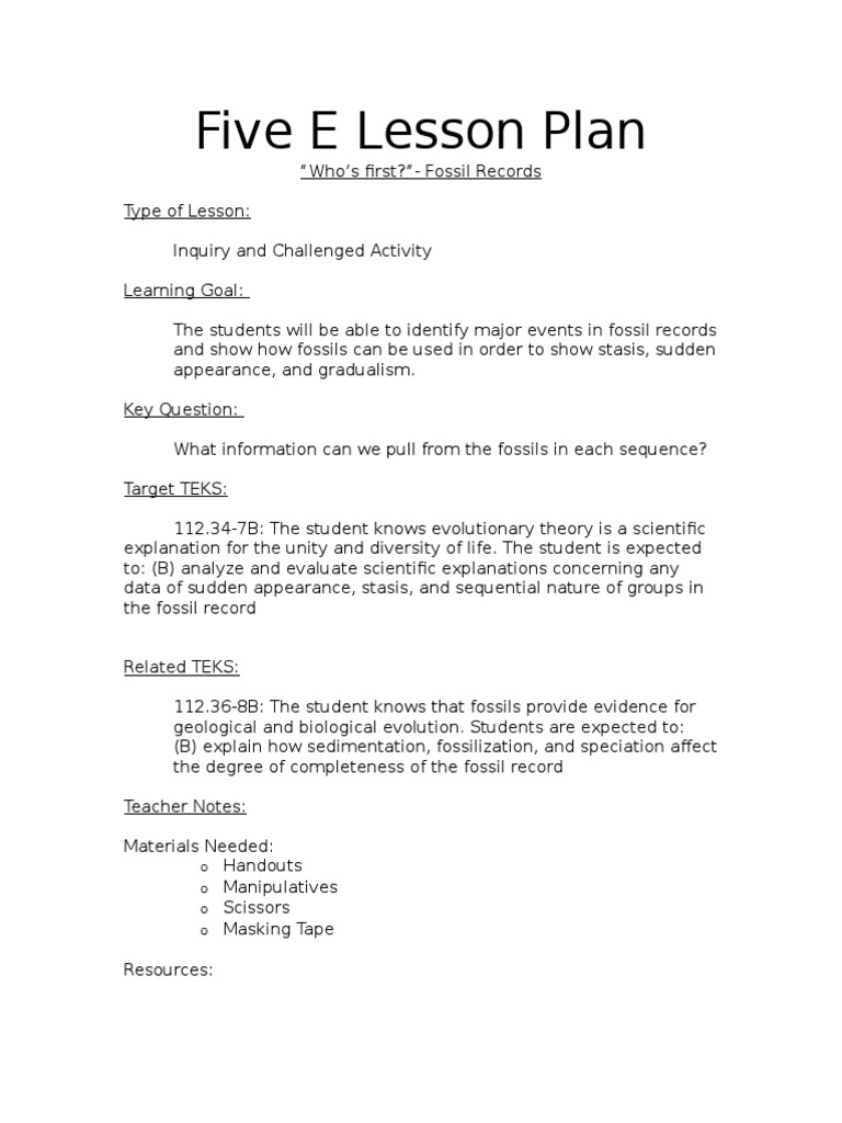 Five e Lesson Plan - Fossils | PDF | Fossil | Lesson Plan