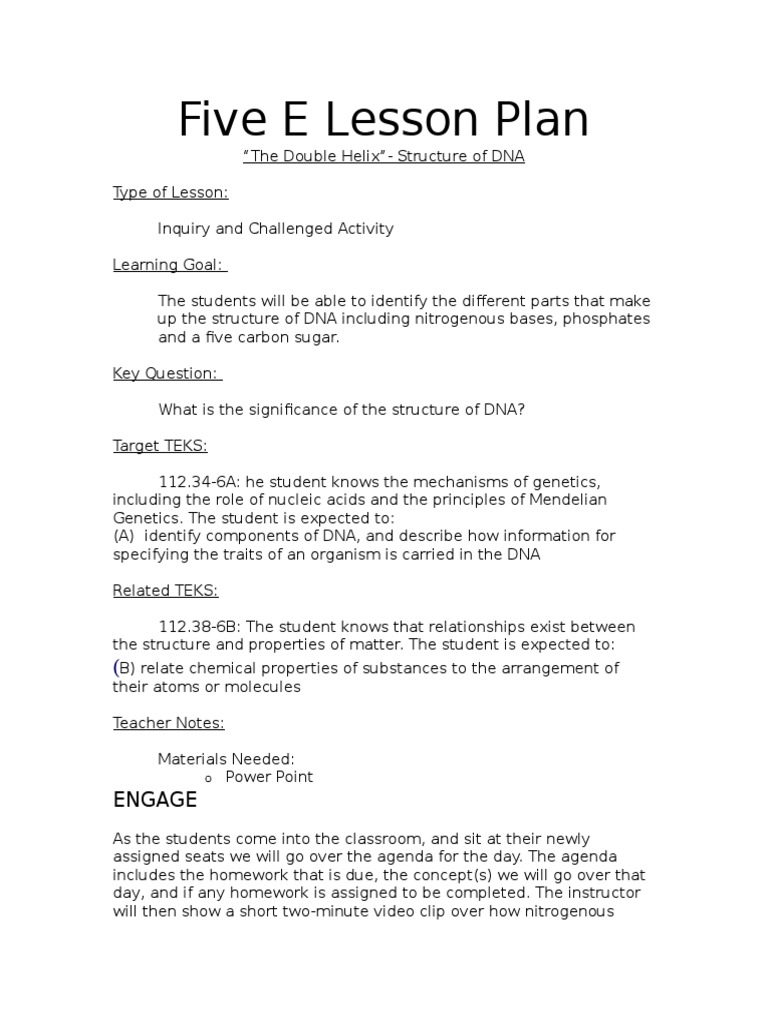 Five e Lesson Plan - Dna Structure | PDF | Dna | Lesson Plan