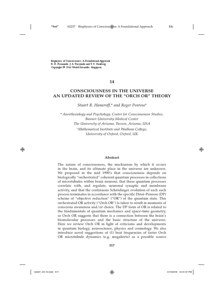 CONSCIOUSNESS IN THE UNIVERSE AN UPDATED REVIEW OF THE "ORCH OR" THEORY ...