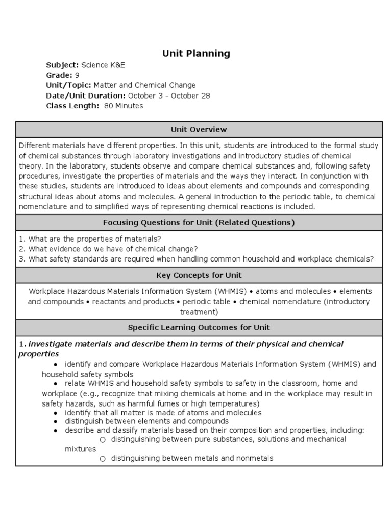 Matter and Chemical Change Unit Plan | PDF | Chemical Substances ...