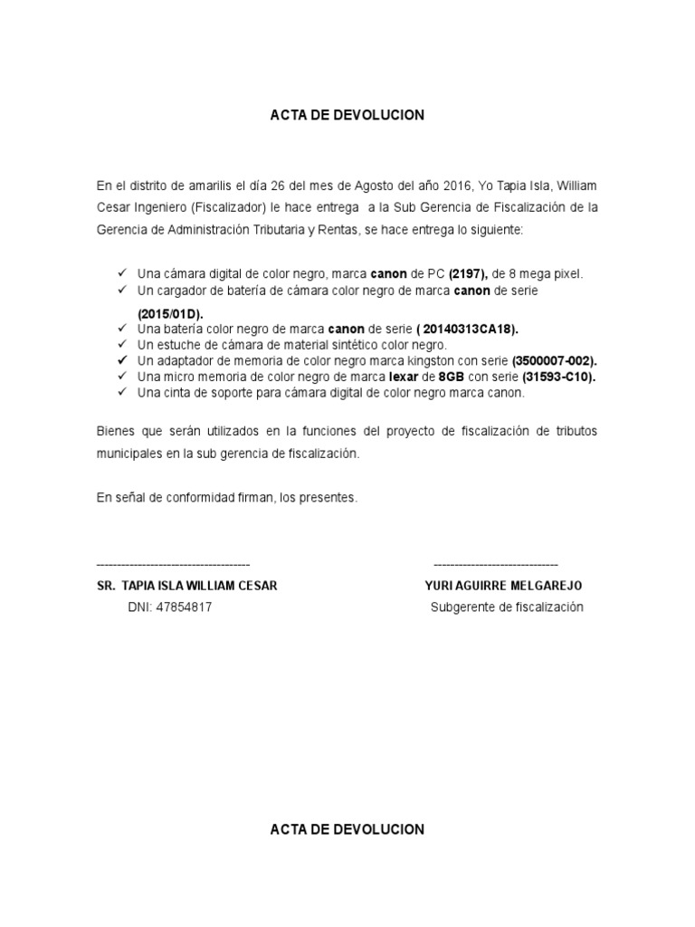 Acta de Devolucion | PDF | Science | Ingeniería