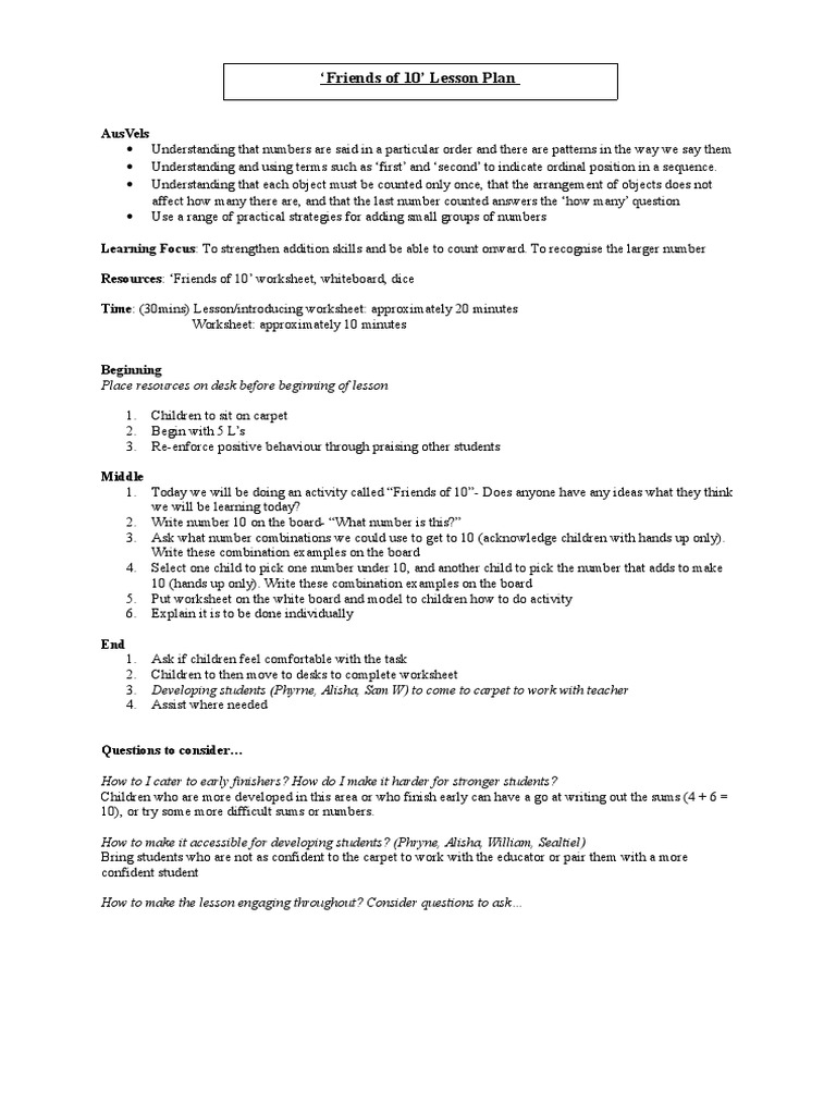 friends of 10-lesson plan | Understanding | Lesson Plan
