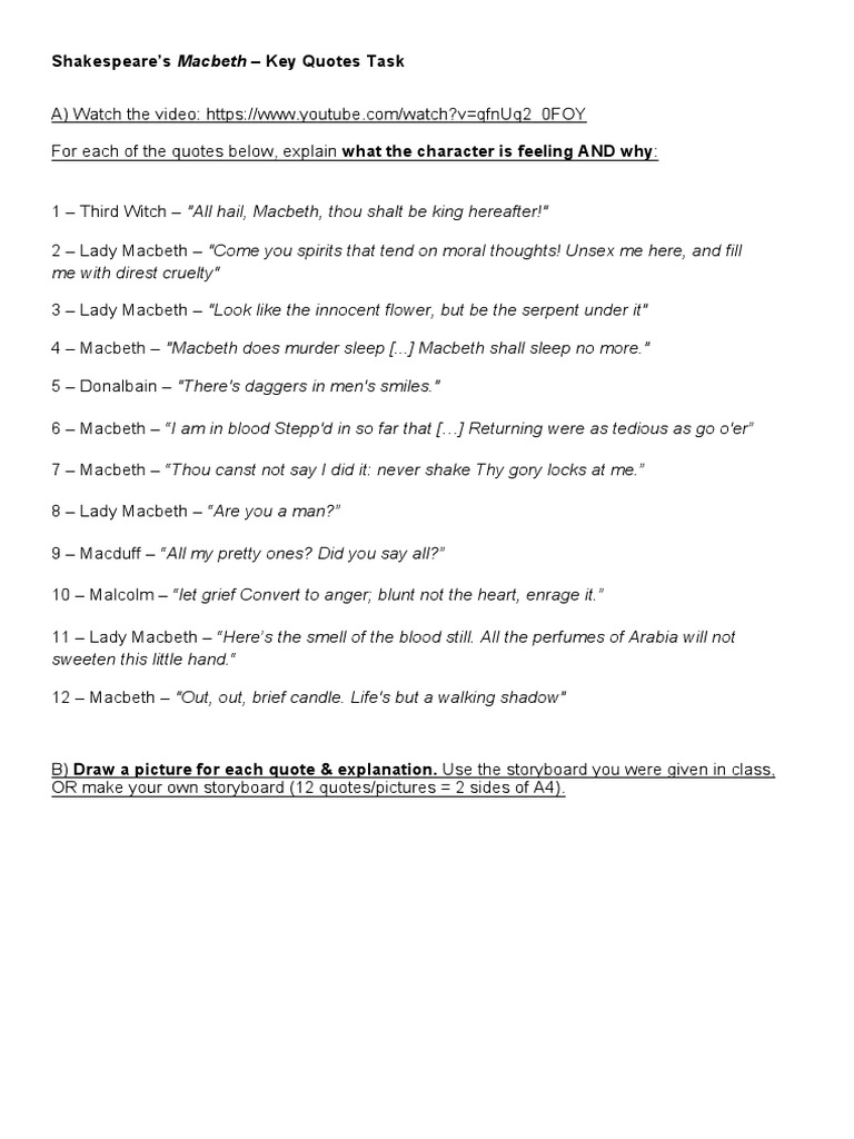 Macbeth - Key Quotes Task | PDF