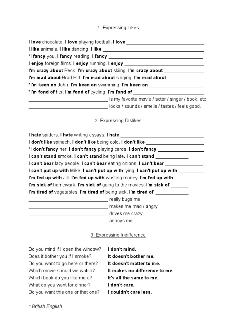 Expressing Likes and Dislikes in English | PDF | Leisure