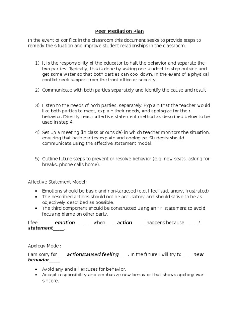 Peer Mediation Plan: Statement | PDF