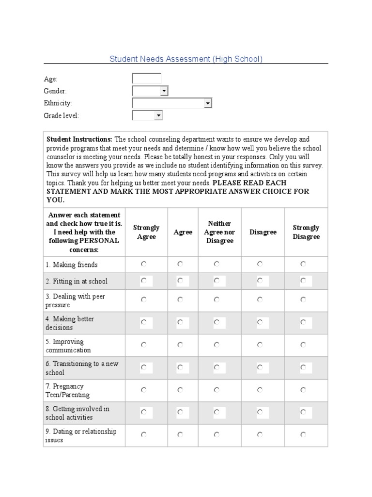 Student Needs Assessment | PDF | School Counselor | Educational Assessment
