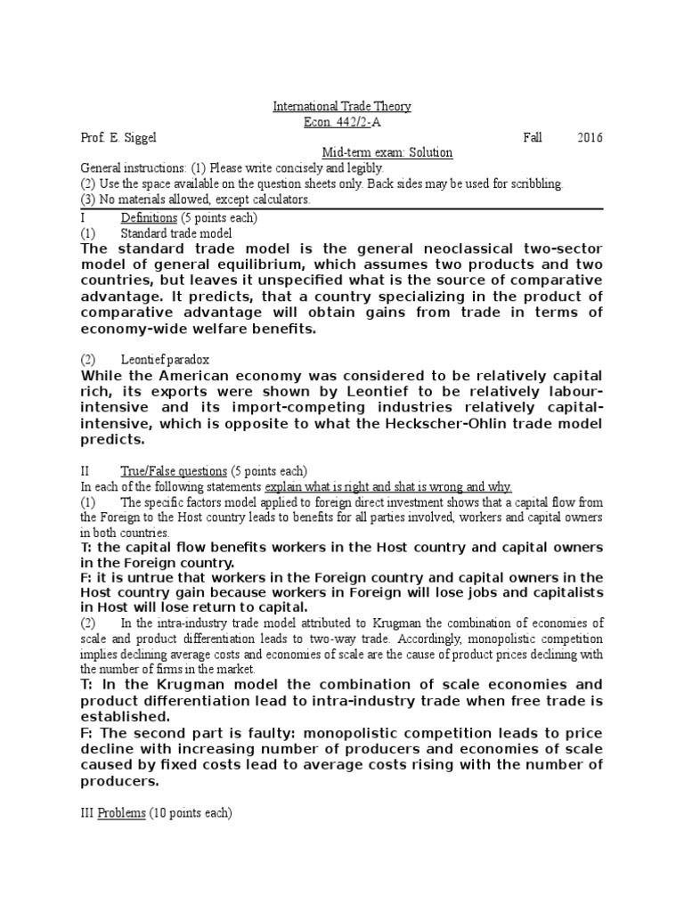 International Trade Exam Solutions | PDF | Average Cost | Labour Economics