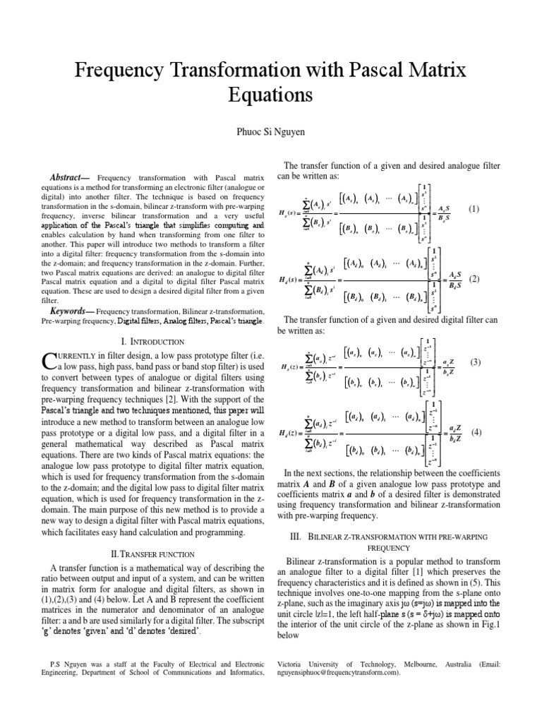 Pascal Matrix for Filter Transformation | PDF | Low Pass Filter ...