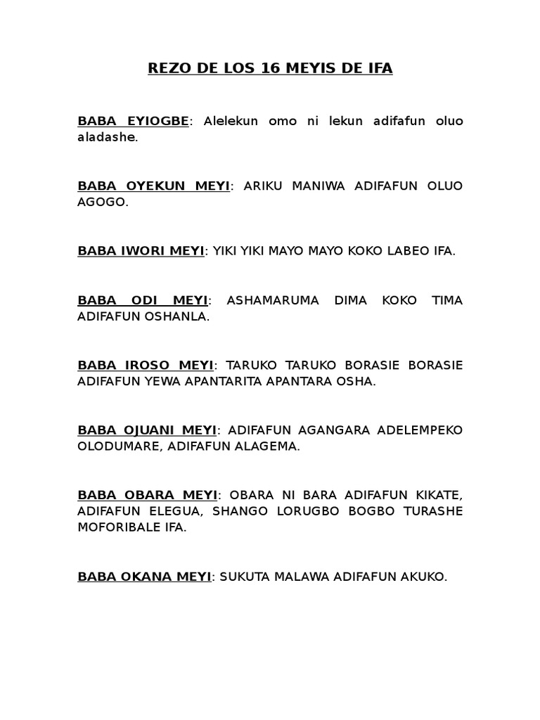 Rezo de Los 16 Meyis de Ifa | PDF