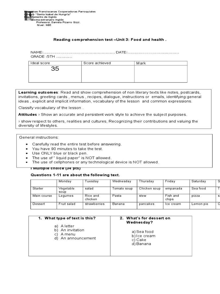 Healthy Eating and Lifestyle Choices: A Reading Comprehension Test for ...