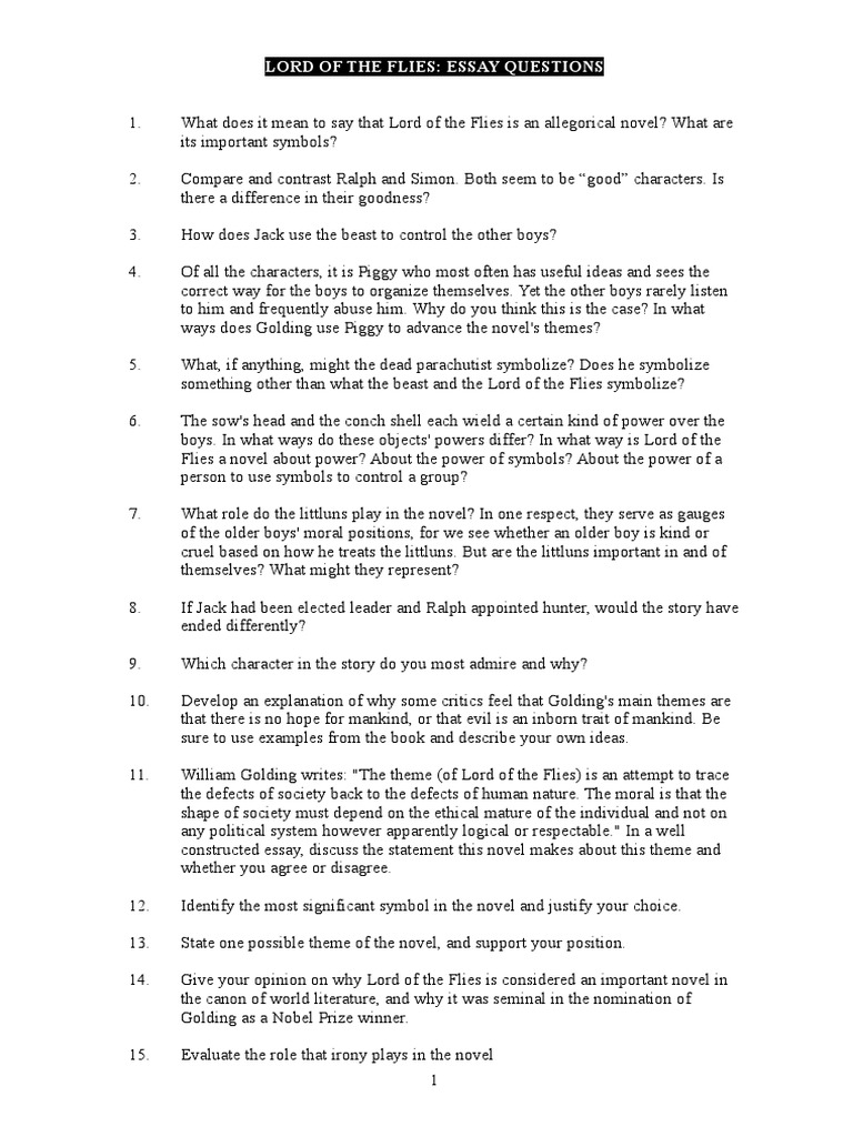 Lord of the Flies: Essay Questions Guide | PDF | General Fiction