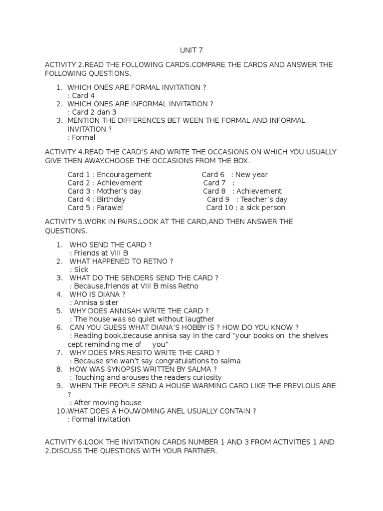 English Assignment Unit 7 Activities | PDF