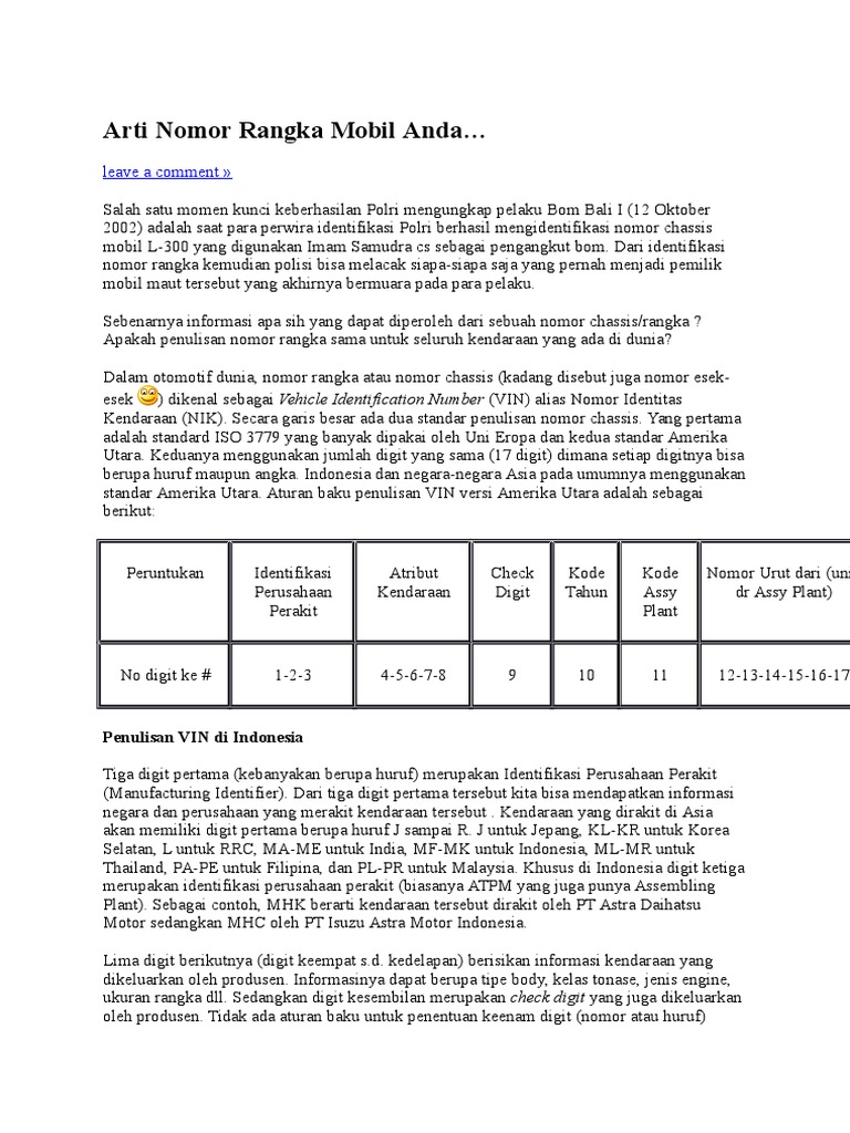 Arti Nomor Rangka Mobil | PDF