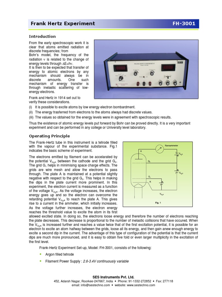 Frank Hertz Experiment: SES Instruments Pvt. LTD | PDF