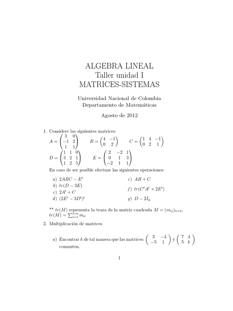 Algebra Lineal - Taller 1, Matrices y Sistemas PDF | PDF | Matriz ...