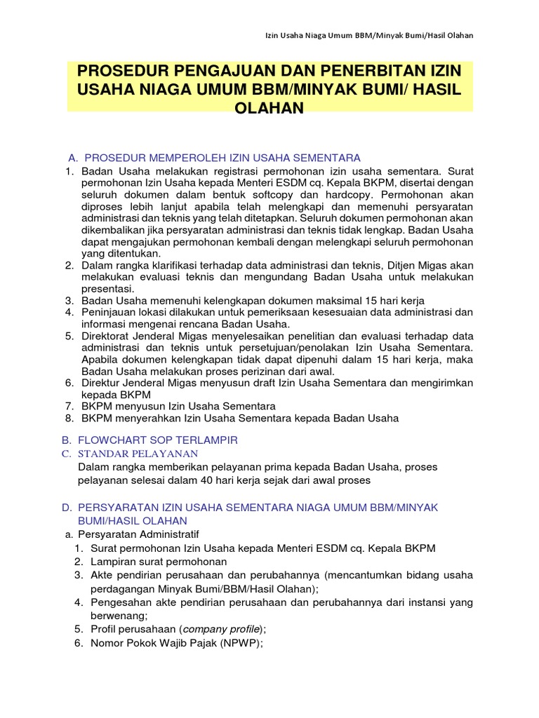 Prosedur Pengajuan Dan Penerbitan Izin Usaha Niaga Umum BBM (Rev Januari 2016 Ok) | PDF