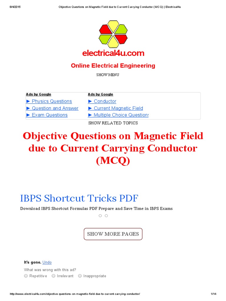 Objective Questions On Magnetic Field Due To Current Carrying Conductor ...