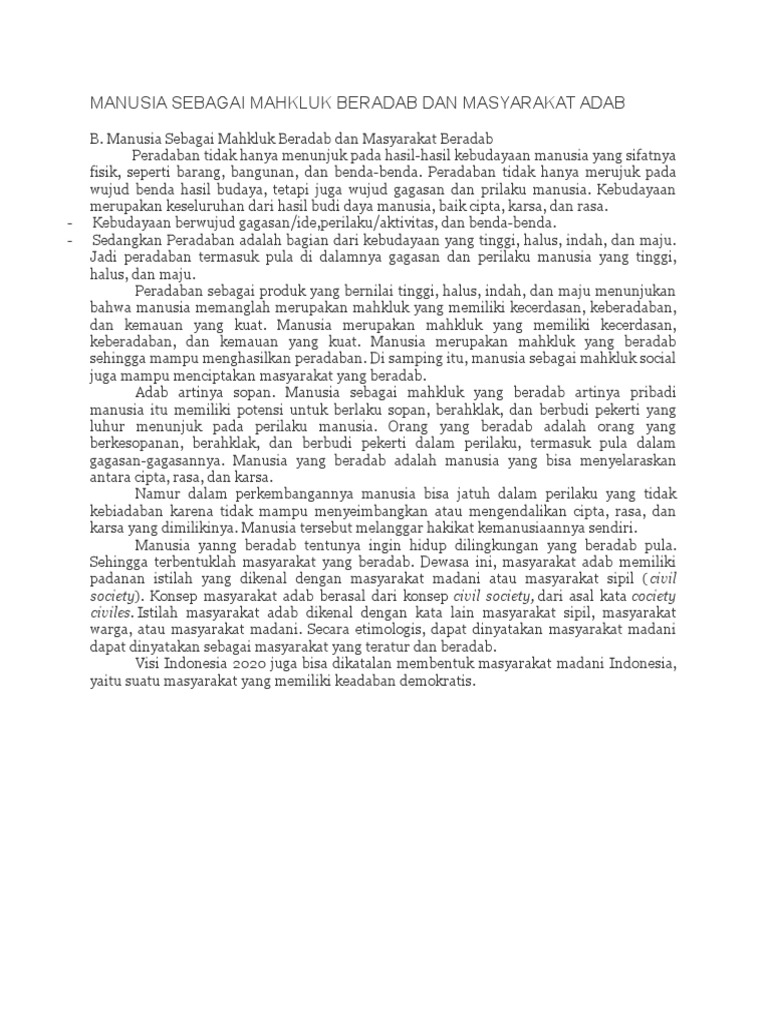 Manusia Sebagai Mahkluk Beradab Dan Masyarakat Adab | PDF
