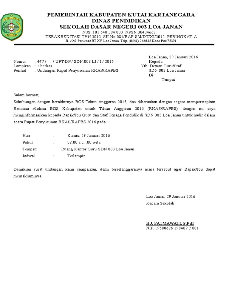 Undangan Rapat RKAS/RAPBS SDN 003 | PDF | Sains & Matematika