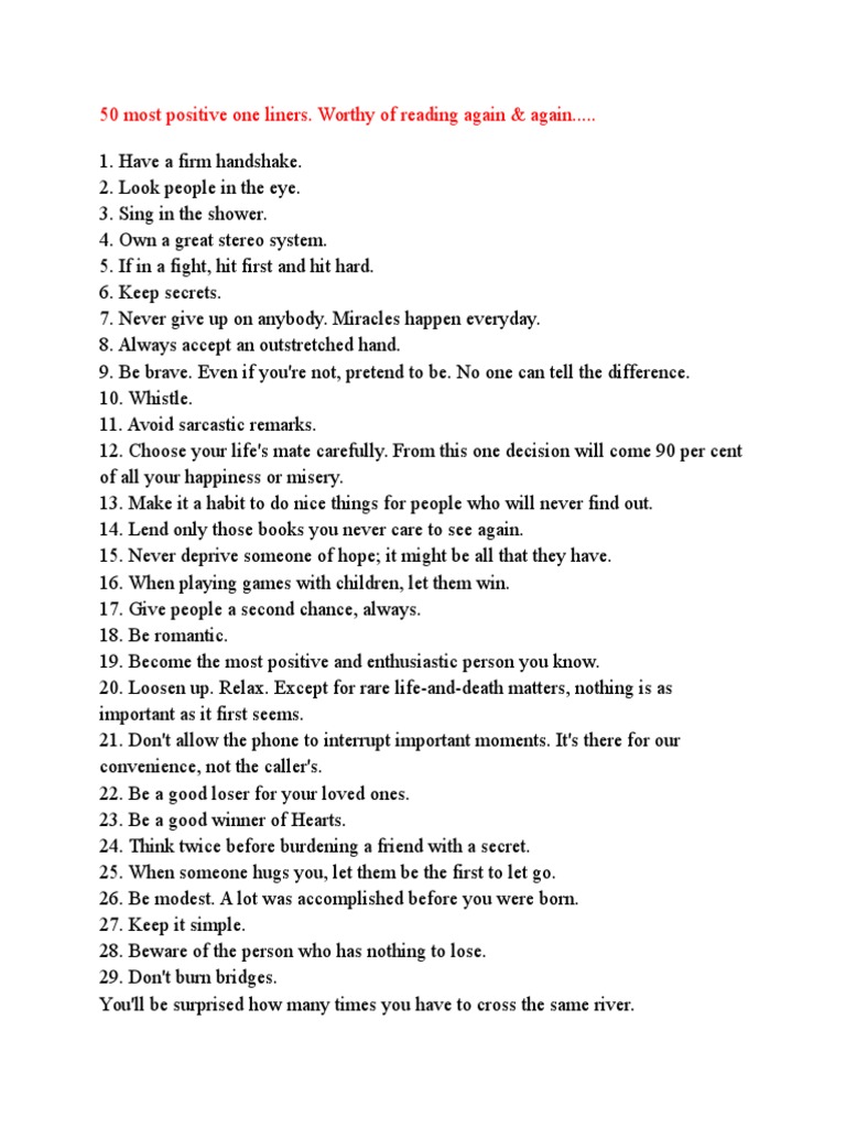 50 Most Positive One Liners | PDF