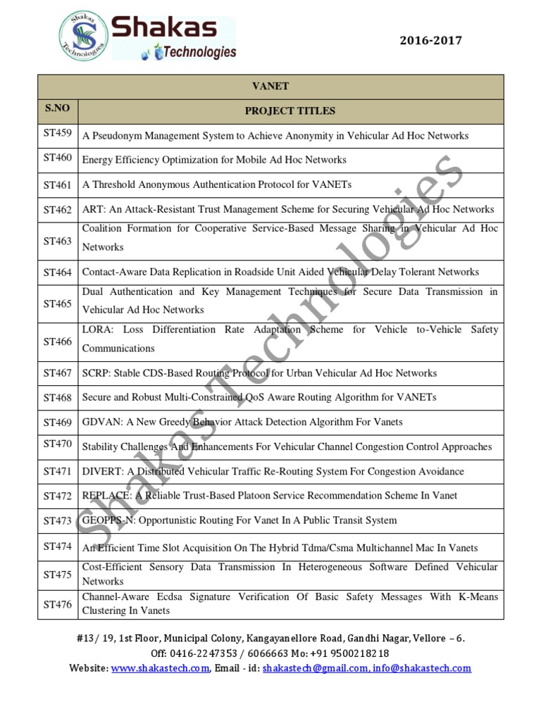 Vanet Project Titles 2016-2017 | PDF | Wireless Ad Hoc Network | Computer Network