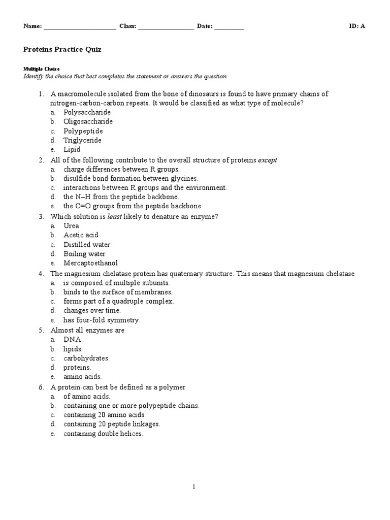 Proteins Practice Quiz | Amino Acid | Peptide
