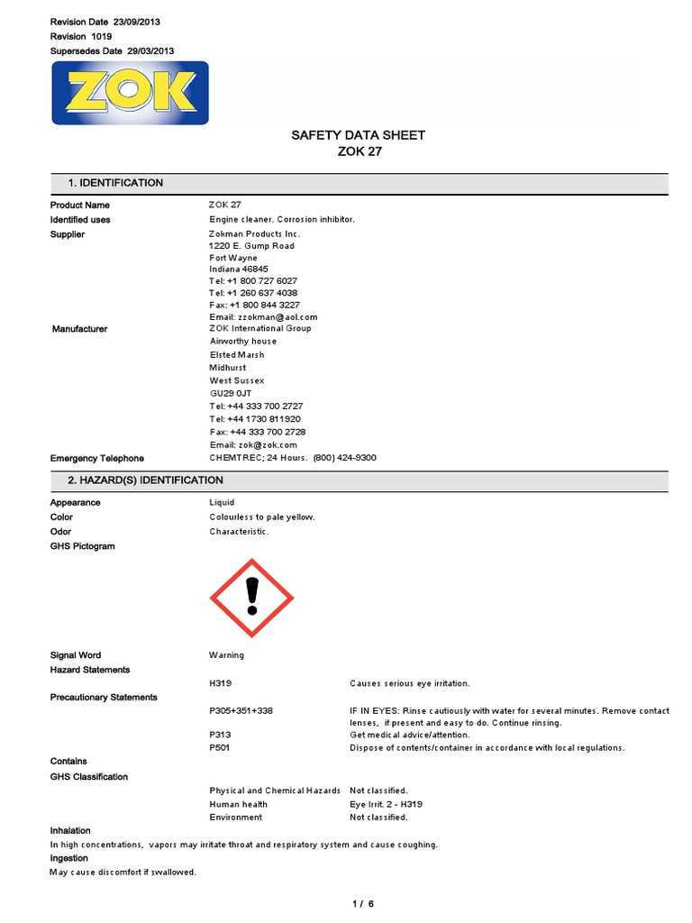 ZOK 27 SDS Revison 1019 09 23 13 | PDF | Personal Protective Equipment | Toxicity