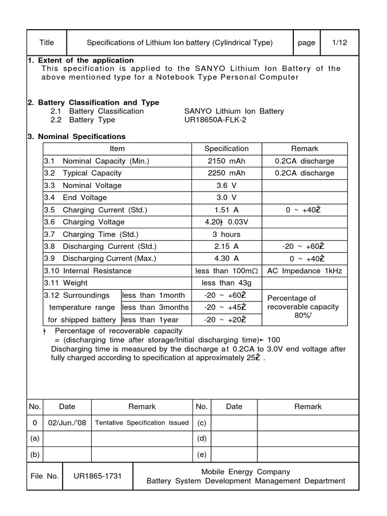 Lithium Ion Battery Specifications | PDF | Battery Charger ...