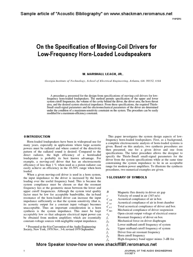 On The Specification of Moving-Coil Drivers For Low Frequency Horn ...