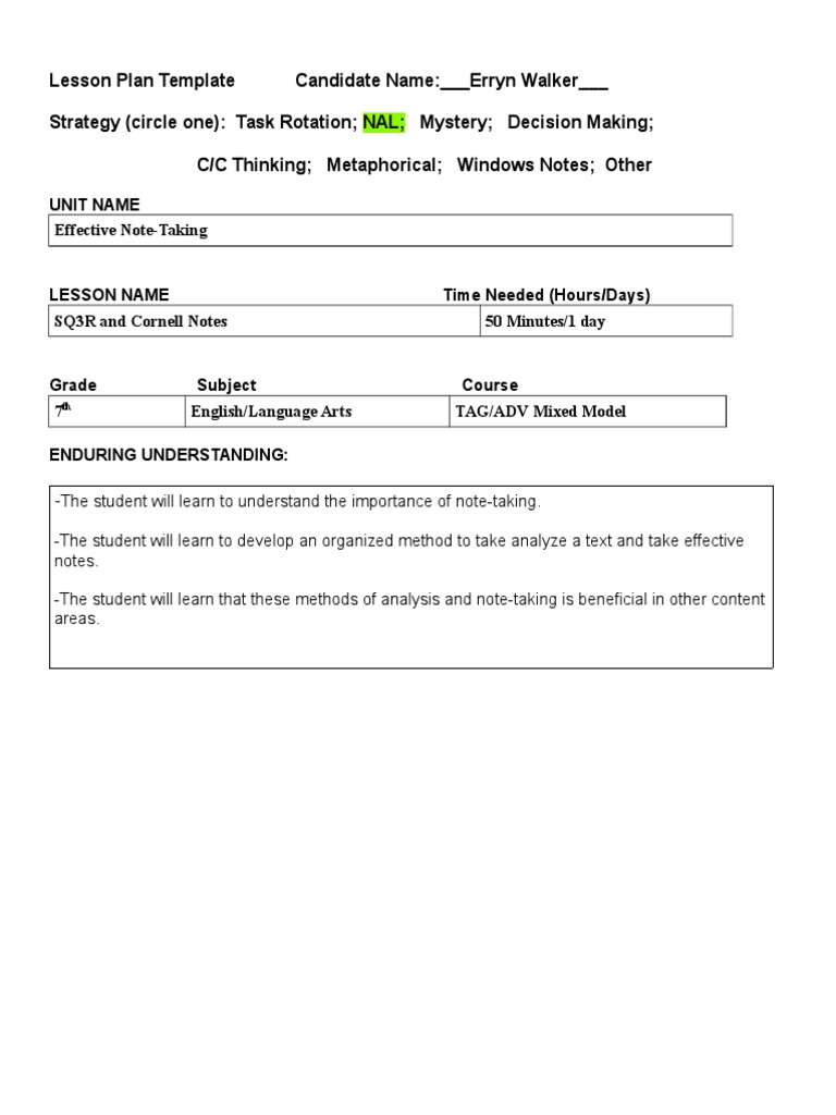 Nal Lesson Plan | PDF | Educational Assessment | Learning