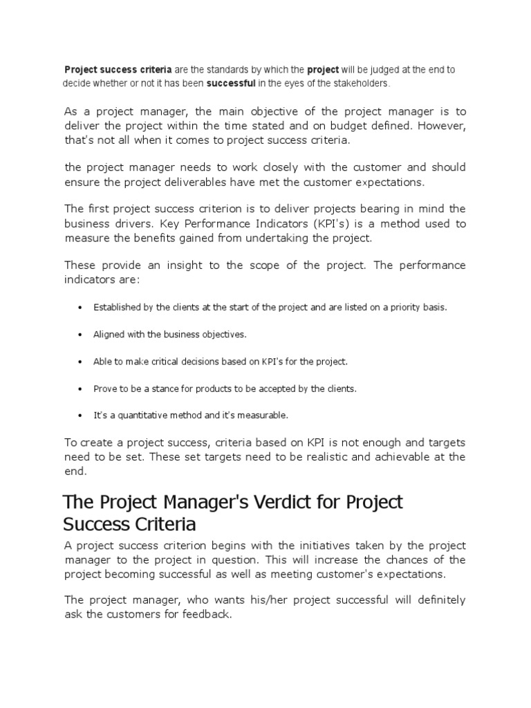 Project Success Criteria | Performance Indicator | Project Management