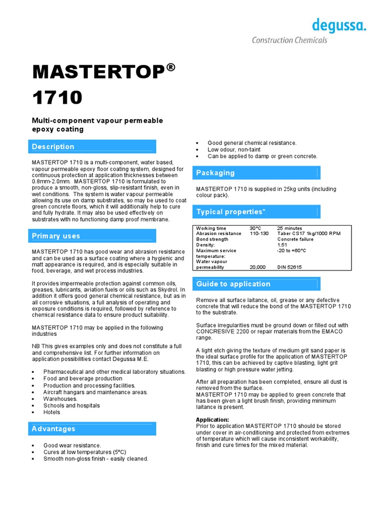 TDS - Mastertop 1710 | PDF | Wear | Epoxy