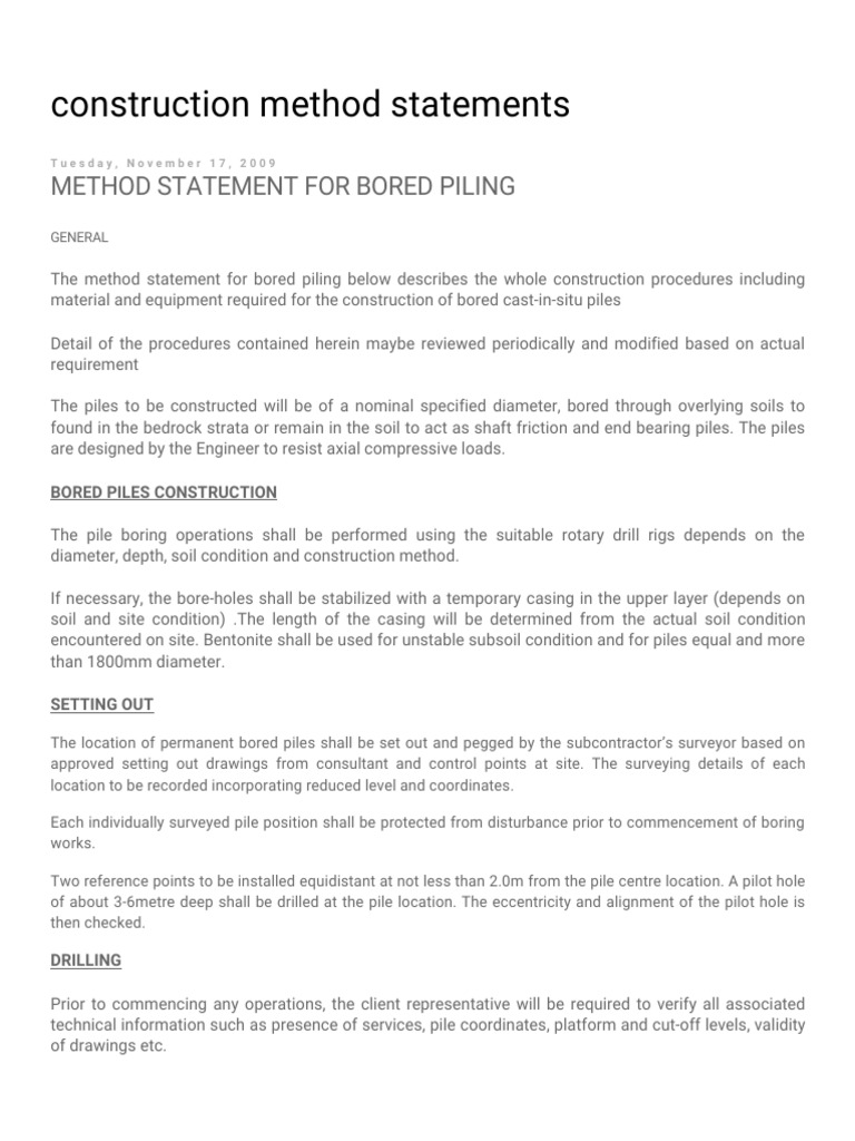 Construction Method Statements - METHOD STATEMENT FOR BORED PILING PDF ...