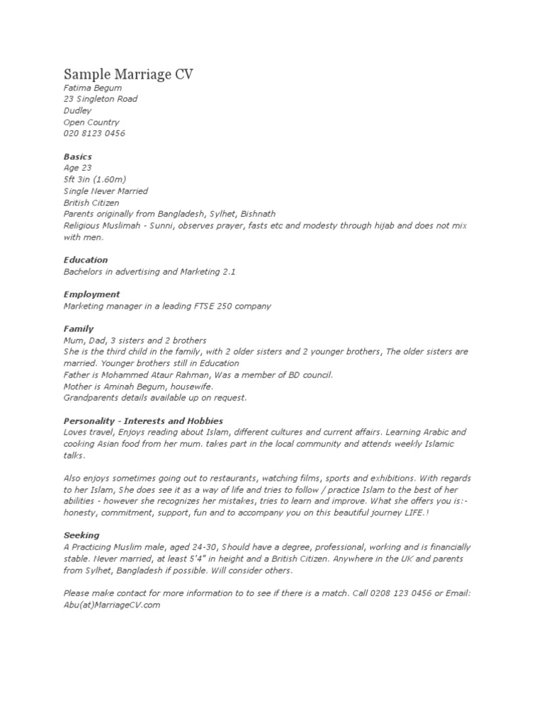 Sample Marriage CV | PDF
