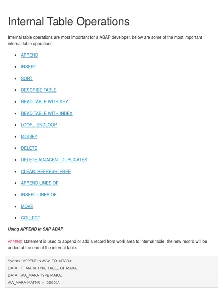 Internal Table Operations | PDF | Database Index | Data Management