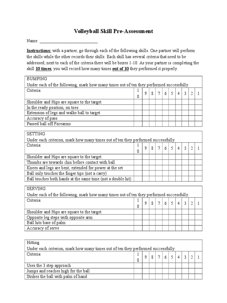 Volleyball Skill Assessment | PDF | Volleyball | Anatomical Terms Of Motion